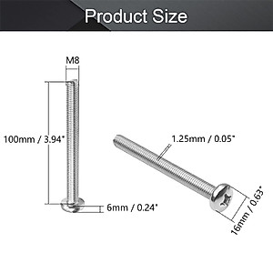 MroMax M8-1.25x100mm Pan Head Screws Phillips Cross Drive Bolts TV Hanging Machine Screws Flat Screen TV Wall Mounts Screws Extra Long 304 Stainless Steel Decent Screws Install Panels Repair 2PCS
