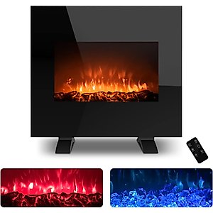 LifePlus Wall Mounted Electric Fireplace, 26 Inch Freestanding LED Fireplace Heater with Remote Control, Adjustable 10 Flame Colors, 12H Timer, Logset Crystal, 750w/1500w Modern Black