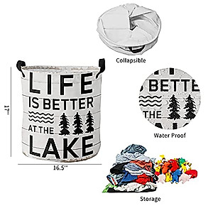 Laundry Basket Trees Shrubs Lake Farmhouse Retro White Plank,Waterproof Collapsible Clothes Hamper Life is Better Quote,Large Storage Bag for Bedroom Bathroom