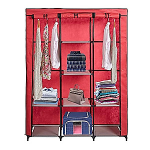 LUCKYERMORE Wardrobe Closet Portable Cloth Closets Organizer Clothes Storage with Hanging Rack and Removable Cover, Red
