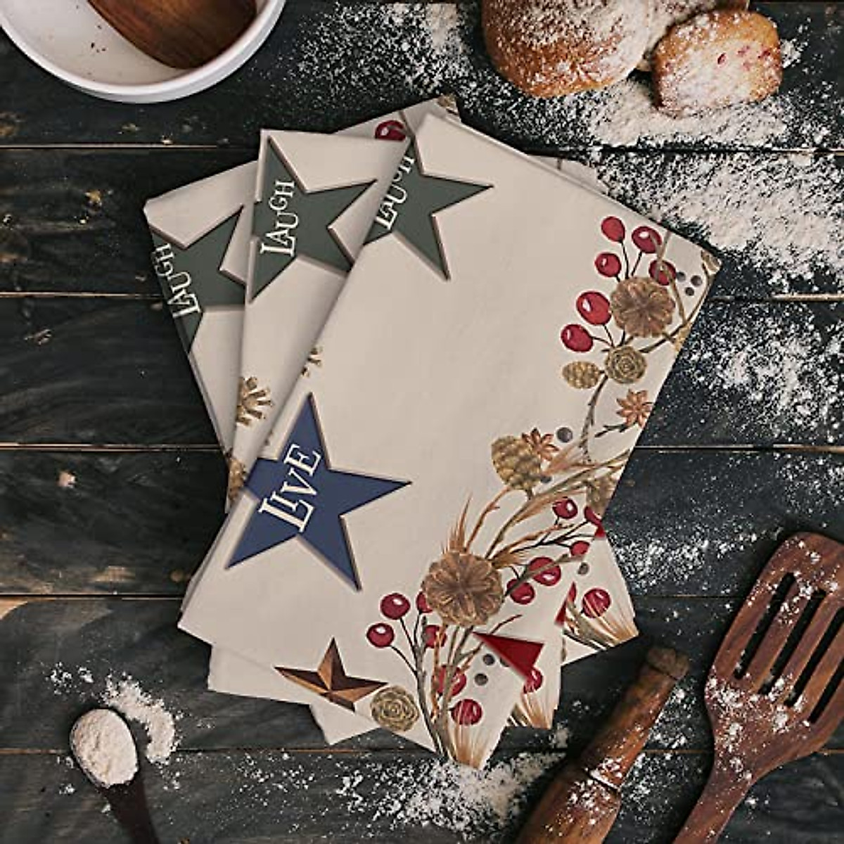 Yun Nist Kitchen Dish Towels,Country Star Berry Burgundy Red Gingham Soft Microfiber Dish Cloths Reusable Hand Towels,Live Laugh Love Text Washable Tea Towel for Dishes Counters 2 Pack