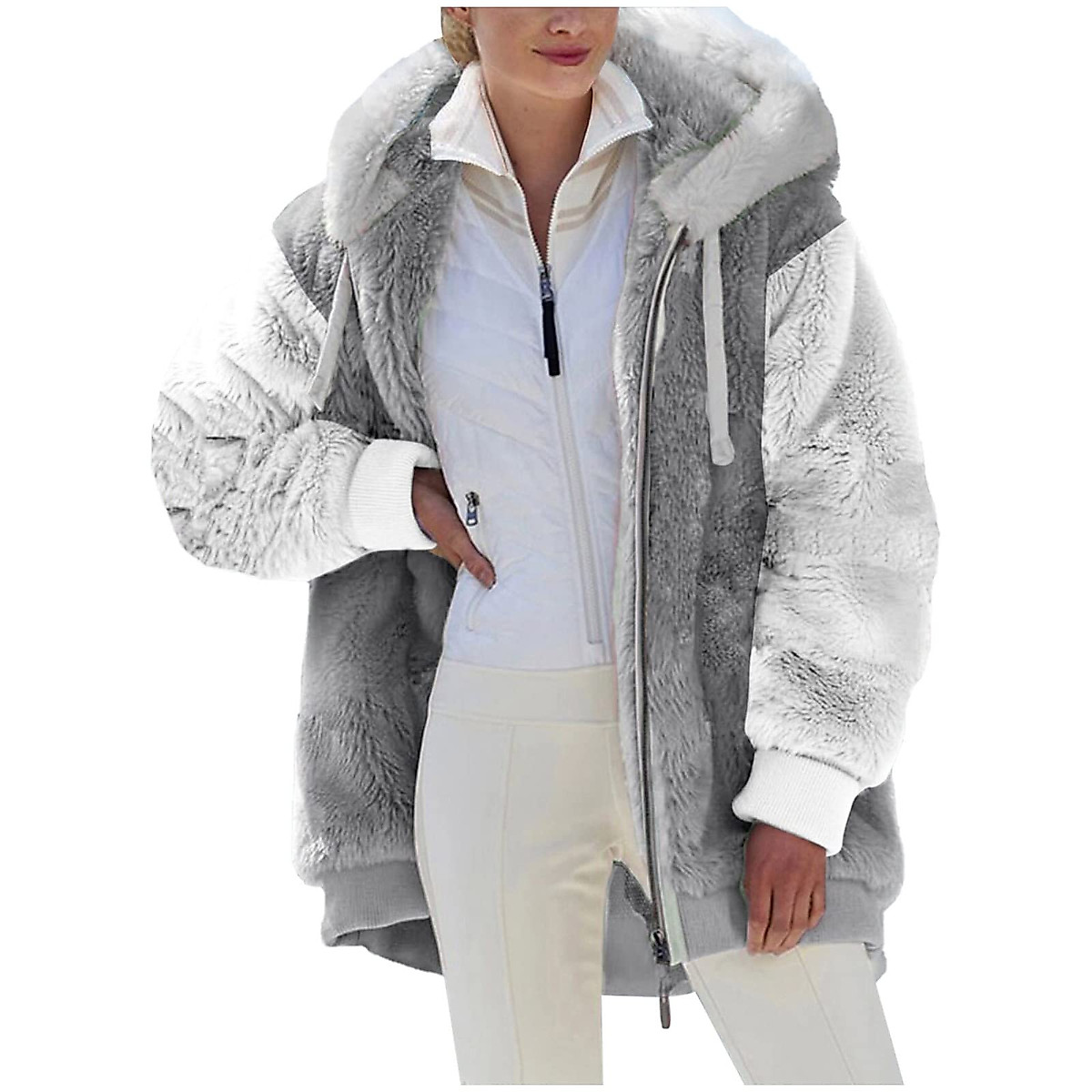 Oversized Fuzzy Fleece Jackets For Women Fashion 2023 Color Block Faux Fur Cardigan Coat Shaggy Warm Winter Outerwear womens coats and jackets Gray L