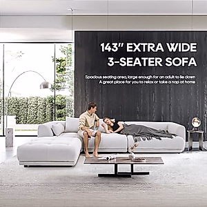 COLAMY 144" Cloud Sectional Couch with Ottoman,Modular Sectional Sofa with 3 Large Seat and 1 Movable Ottoman for Living Room,DIY Combination, Chenille, Beige