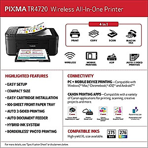 Canon PIXMA TR4720 Wireless Color All-in-One Inkjet Printer, Black - Print Copy Scan Fax - 4800 x 1200 dpi, Auto 2-Side Printing, 20-Sheet ADF, 2-Line LCD Display, DAODYANG Printer_Cable