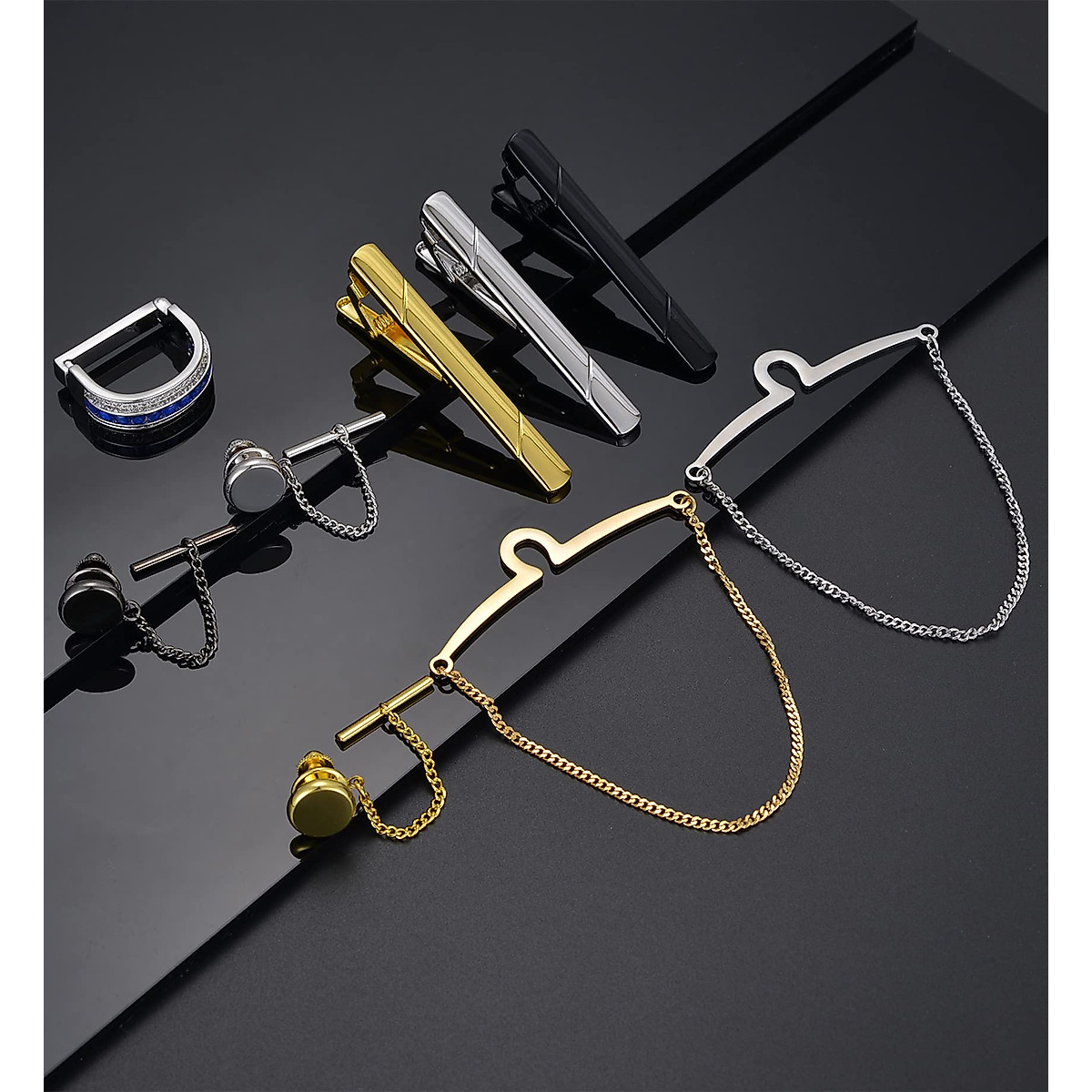 Tornito 9Pcs Tie Clips Tie Ring for Men Square CZ Tie Tacks Clutch with Chain Necktie Silver Black Gold Tie Clips Link Chain for Wedding Meeting Business Anniversary Tie Pin Clips