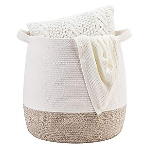MINTWOOD Design Large 17 x 17 Inches Decorative Woven Cotton Rope Blanket Basket for Living Room, Laundry Basket Hamper, Storage Baskets with Handles for Toys, Throws, Pillows, Towels, Shoes, Brown