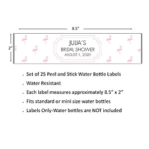 Pink Flamingo Pattern Personalized Water Bottle Labels, Pack of 25 Peel and Stick Waterproof Wrappers for Birthday Party Favors