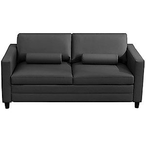 BALUS Faux Leather Pull Out Sofa Bed, 2-in-1 Queen Size Couch Bed with Fold Out Mattress, Modern Convertible Sleeper Sofa Couch, Leather Loveseat Futon Couches for Living Room-Dark Grey