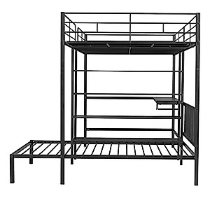 YOPTO Full Over Twin Metal Bunk Bed with Built-in Desk, Four Built-in Storage Shelves and Ladder, No Box Spring Required,Maximized Space,Bedroom Furniture for Children,Teens,Adults,Black