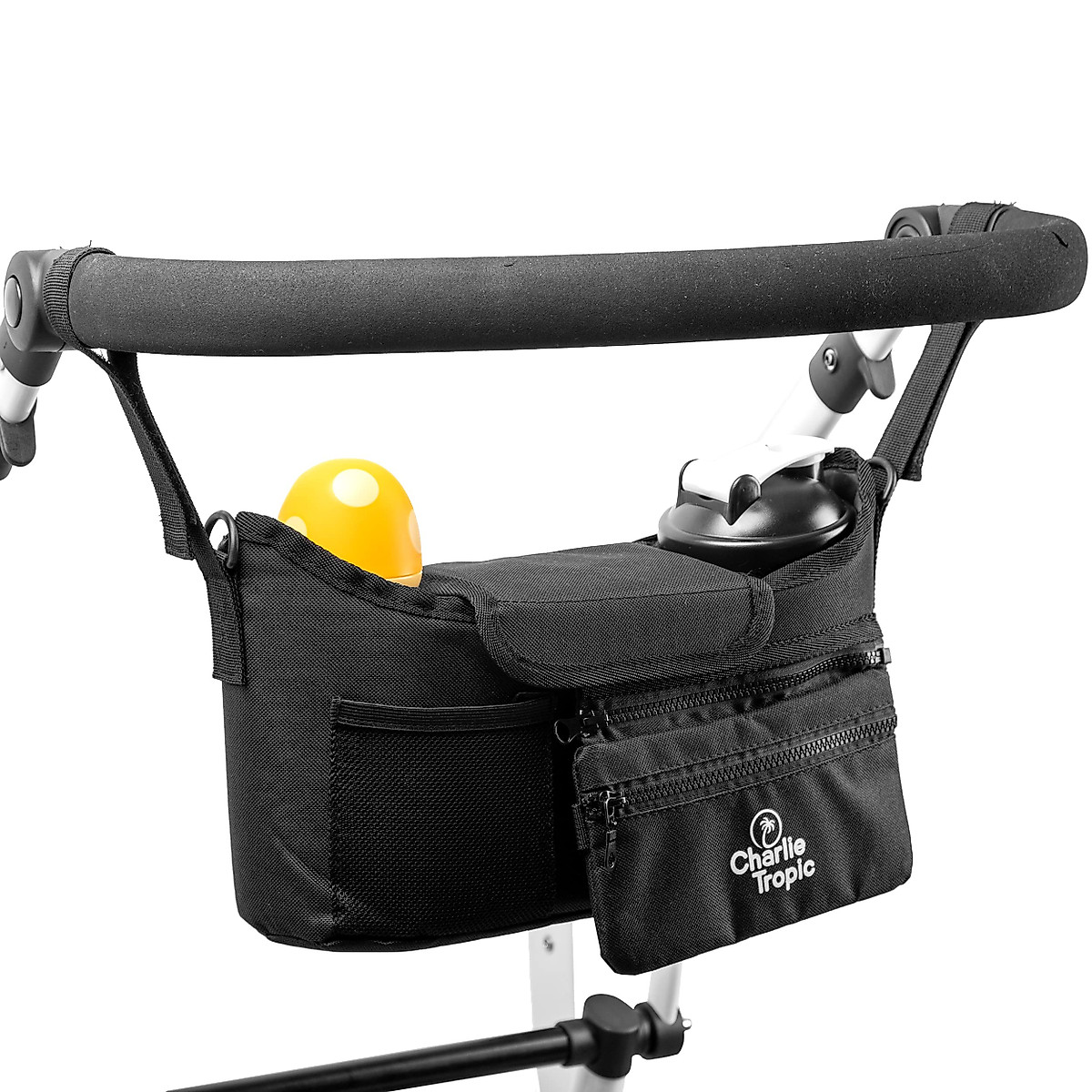 Charlie Tropic Universal Stroller Organizer with Cup Holder - Adjustable Stroller Bag Organizer with 2 Insulated Cup Holders and Detachable Wristlet Pocket for Stroller Accessories,Fits Most Strollers