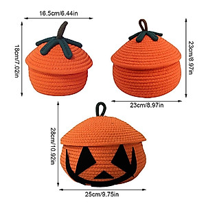 WAXCMXYH Pumpkin Basket with Lid, Halloween Hand Woven Pumpkin Shape Candy Basket Decorative, Orange Rope Braided Basket Snacks Organizer for Trick or Treat, Fall Harvest Table Decor