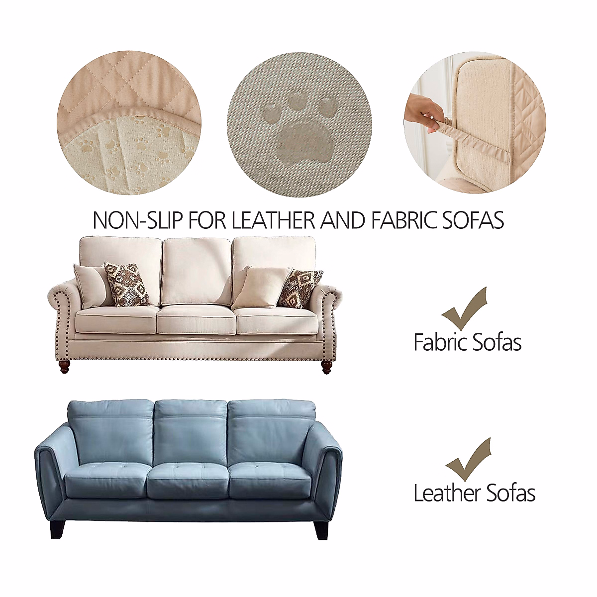 Ameritex Couch Sofa Slipcover 100% Waterproof Nonslip Quilted Furniture Protector for Dogs, Children, Pets, Machine Washable (Beige, 68")