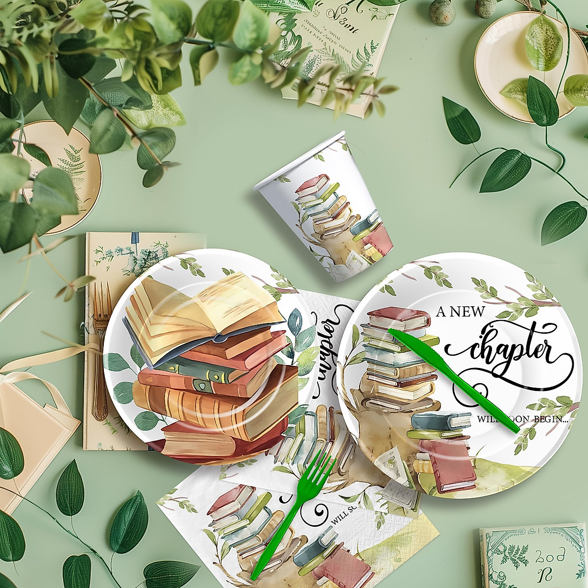 APOWBLS Storybook Baby Shower Decorations Supplies - A New Chapter Will Soon Begin Book Theme Party Decorations, Plate, Cup, Napkin, Cutlery, Library Reading Book Club Decorations Tableware | Serve 24