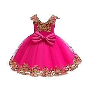 Flower Girl Dress Toddler Kids Baby Girls Shiny Sequin Bowknot Tutu Tulle Princess Dresses Birthday Party Pageant Wedding Bridesmaid Formal Evening Sundress Baptism Clothes Gift Hot Pink 5-6T