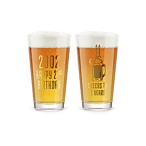 Greenline Goods Happy Birthday Beer Pint Glass (16 oz) & 2002 Birthday Year Facts Board Set with Stand Included - 21st Birthday for Men and Women - Cheers to 21 Years!