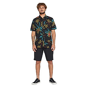Volcom Men's Regular Marble Floral Short Sleeve Button Down Hawaiian Shirt, Black Combo, X-Large