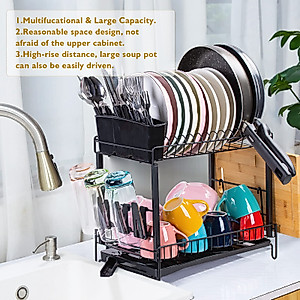 SUNNOW Nuovoo Dish Drying Rack, Black 2 Tier Dish Drainer, Over The Sink Utensil Holder, Cup Cutting Board Holder, Large Rust-Proof Storage Organizer with Adjustable Water Outlet for Kitchen Counter