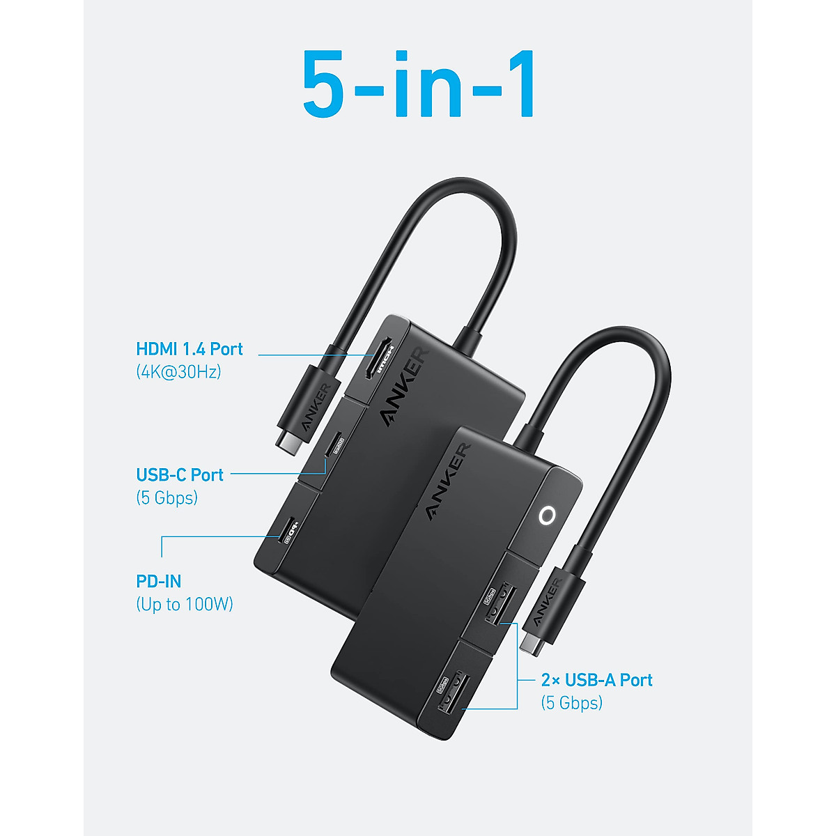 Anker USB C Hub, 332 USB-C Hub (5-in-1, 4K HDMI) with 100W Power Delivery, 4K@30Hz HDMI Display, 5Gbps USB-C and USB-A Data Ports & New Nylon USB C to USB C Cable 100W 10ft