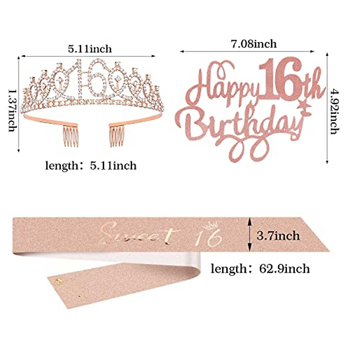 DASIGJID 16th Birthday Tiara & Sash for Girls, Rose Gold Happy Birthday Queen Princess Tiara with Combs for Girls, Queen Crystal Headbands for Hair Accessories,16th Birthday Decorations for Girls Prom