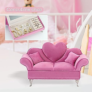 Mini Pink Travel Jewelry Box Sofa Single/Double People Heart Shape Armchair Openable Jewelry Organizer Box Necklace Earrings Ring Box for Girls Women (Pink Concubine Chair, 15cm*24cm*9.5cm)