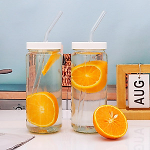 Encheng 16 oz Glass Juice Bottles with Lids,9 Pack Reusable Drinking Jars with Lids and Straws,Clear Round Smoothies Cup for Juicing,Kombucha,Water,Milk,Travel