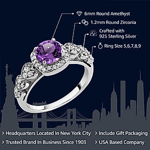 Gem Stone King 925 Sterling Silver Purple Amethyst Gemstone Birthstone Engagement Ring For Women (1.02 Cttw, Round 6MM, Gemstone Birthstone, Available In Size 5, 6, 7, 8, 9)