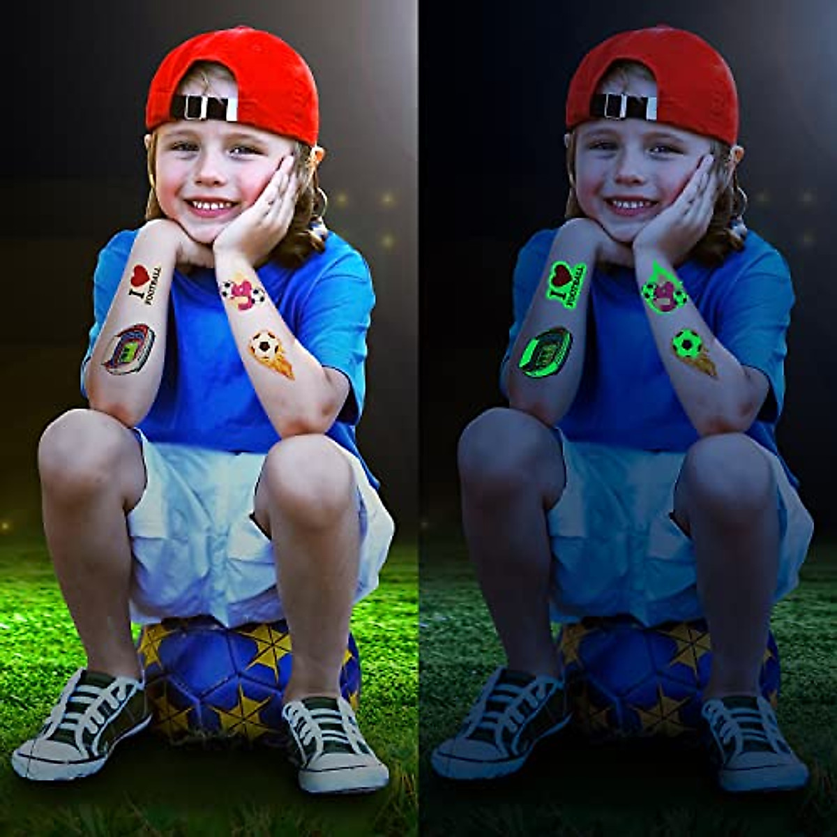 JCFIRE Temporary Tattoos Kids, Glow in Dark Word Cup Soccer Stickers Waterproof Kids Tattoos for Soccer Theme Birthday Party Decorations Party Favors Goodie Bags Gifts