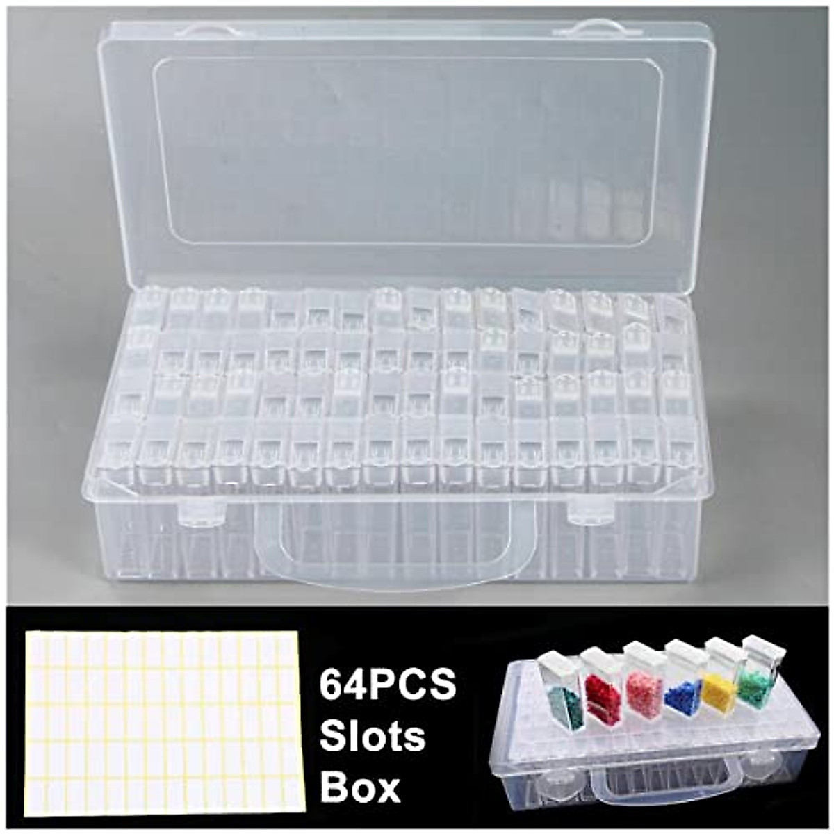 64 Slots Plastic Seed Storage Box, Reusable Seed Storage Organizer with Label Stickers Multi-Purpose Diamond Embroidery Storage Case Portable Nail Art Storage Container for Seeds