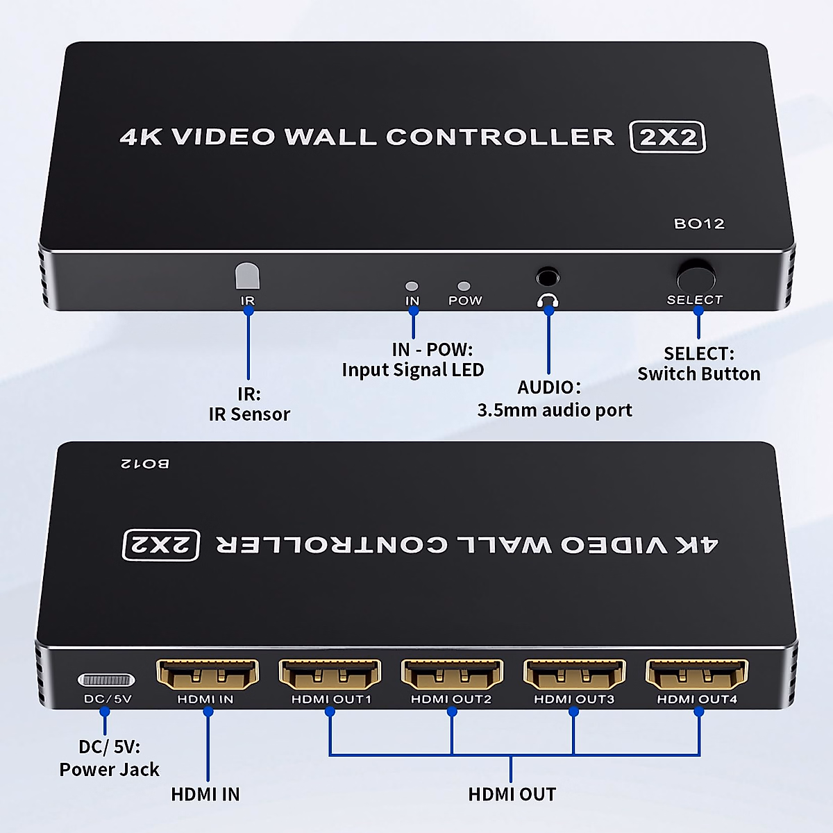 4K HDMI Video Wall Controller 2x2, LUKFOCAB Video Wall Processor with 8 Splicing Modes, 180° Rotate, 3.5mm Audio Extractor, IR Remote, 4 TV Screen into 1 Wall Display 2x2, 1x2, 1x3, 1x4, 2x1, 3x1, 4x1