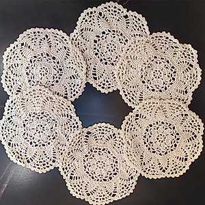 MULBESS Handmade Crochet Floral Pattern Round Cotton Lace Table Placemats Doilies Pack of 6, Round 8 Inch, Beige