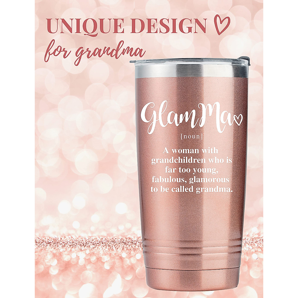 Onebttl Grandma Gifts, Insulated Stainless Steel Wine Tumbler with Lid, For Nana, Mimi, Gigi, Granny, Grammy, Nanny, Birthday/Mother’s Day gifts, Rose Gold, (20 oz) Glamma