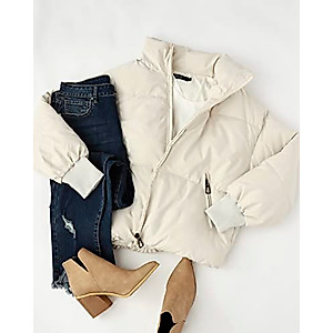 ZESICA Women's Winter Warm Long Sleeve Zip Up Drawsting Baggy Cropped Puffer Down Jacket Coat Outerwear,Cream,X-Small