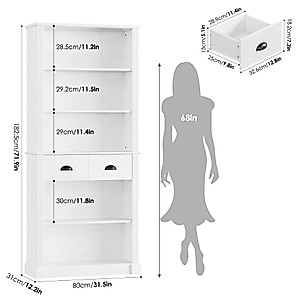 FACBOTALL 5-Tier Bookcase, Book Shelf with 2 Drawers, Tall Bookcase with Shelves, Vintage Display Storage Shelves, Bookshelves for Bedroom, Living Room and Home Office White