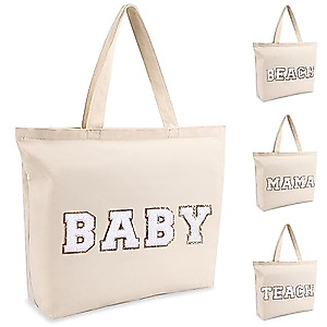 Chenille Letter Canvas Tote Baby Bag for Mom, Large Preppy Patch Shoulder Handbag with Zipper Handle, Cute Makeup Bag Portable Diaper Tote Hospital Bags Essentials for Labor and Delivery Gift(BABY)