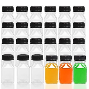 Lainrrew 24pcs 4oz Plastic Juice Bottles with Black Caps - Reusable Clear Containers, Tamper Proof Lids for Smoothies, Milk & Beverages