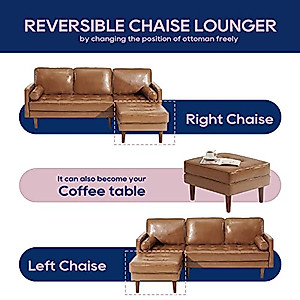 Vonanda Sofa Couch, Sectional Couch Convertible Sectional Sofa L Shaped Couch with Reversible Chaise and Bolster Pillows, Faux Leather Couch for Living Room, Apartment and Small Space, Caramel