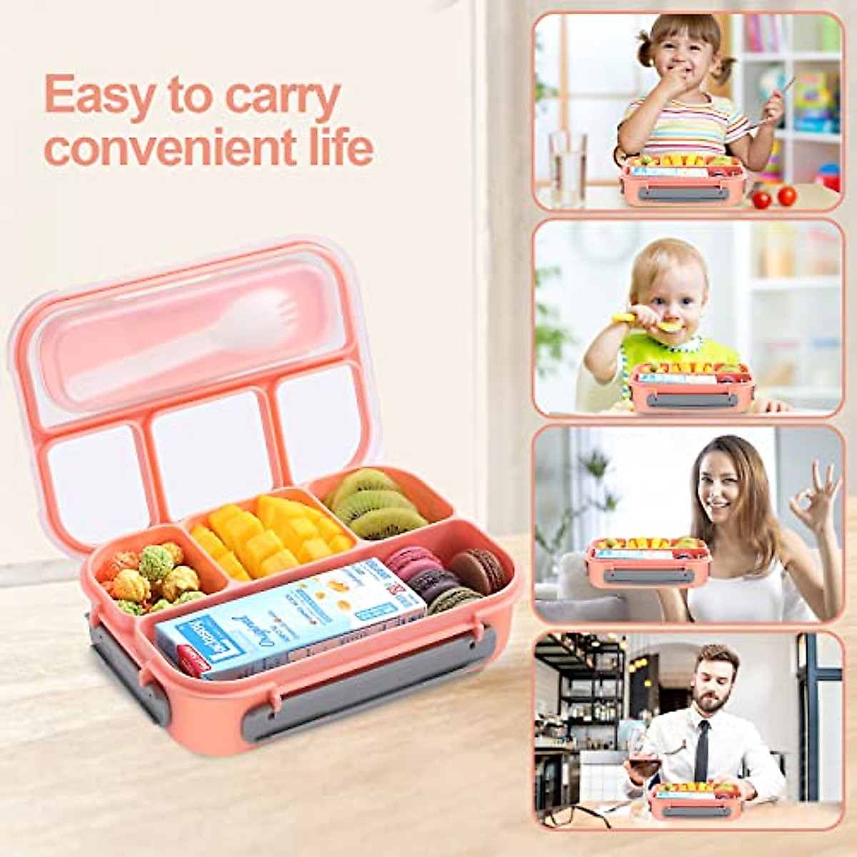 Amathley Lunch Box Kids,Bento Box Adult Lunch Box,Lunch Containers for Adults/Kids/Toddler,1300ML-4 Compartment Bento Lunch Box,Microwave & Dishwasher & Freezer Safe,BPA Free (Pink)