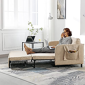 Antetek Sleeper Sofa Bed, 46-inch Faux Leather Loveseat Sleeper Sofa Couch with Pull-Out Bed, Small Love seat Sofa Single Bed with a Detachable Side Pocket for Living Room, Office, Camel
