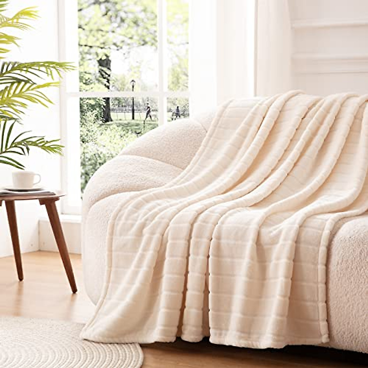 Bertte Plush Throw Blanket Super Soft Fuzzy Warm Blanket | 330 GSM Lightweight Fluffy Cozy Luxury Decorative Stripe Blanket for Bed Couch - 50"x 60", Ivory White