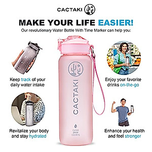 Cactaki 32 oz Water Drinking Bottle with Time Marker - Stay Hydrated - Hydration Tracker & Reminder to Drink With Hourly Measurement Markings - Leak Spill Proof & BPA Free