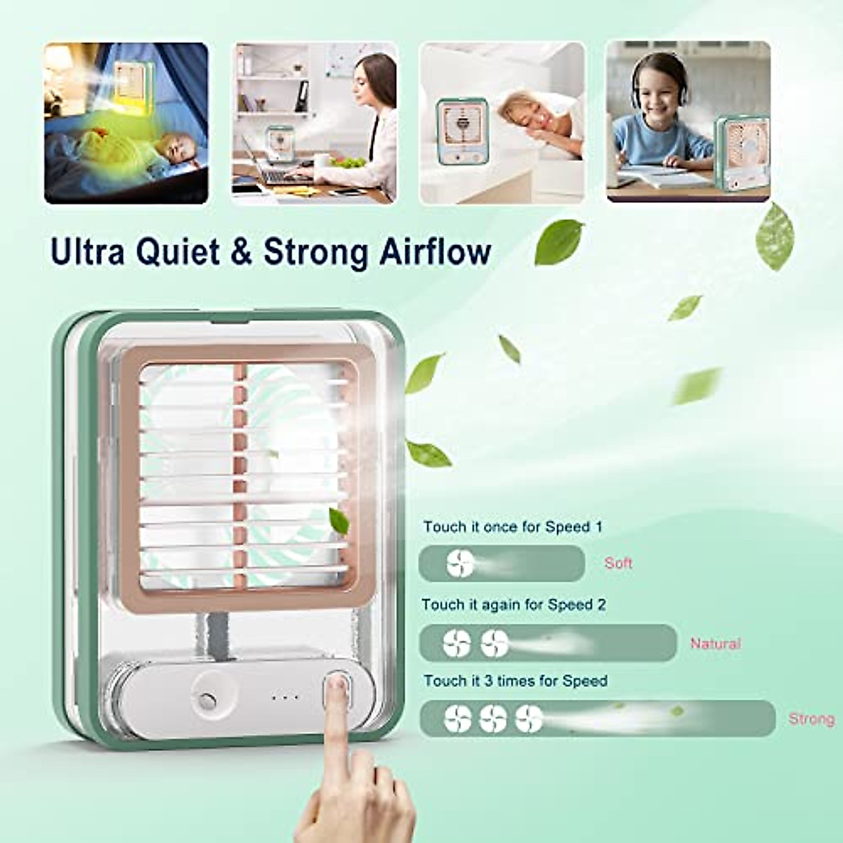 Small Desk Fan with Mist Spray,LED Night Light,Electric Battery Operated Water Misting Fan,USB Rechargeable Portable Quiet Mini Desktop Table Cooling Fan for Office,Camping,Indoor,Outdoor (Green)