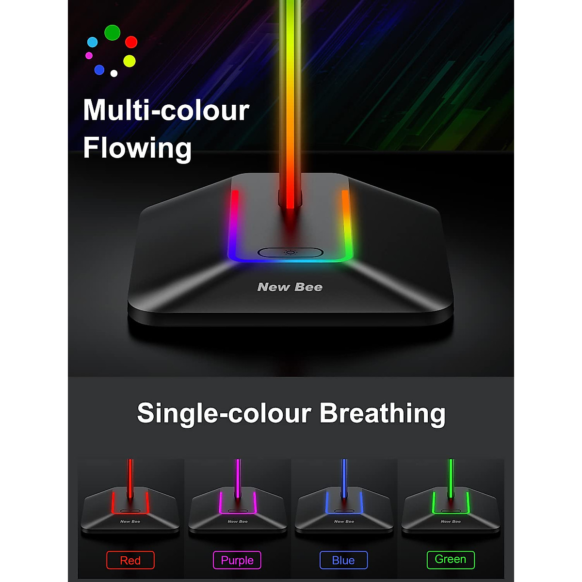 New bee RGB Headphone Stand with 1 USB-C Charging Port and 1 USB Charging Port, Desk Gaming Headset Stand with 7 Light Modes for All Earphone Accessories (Black)