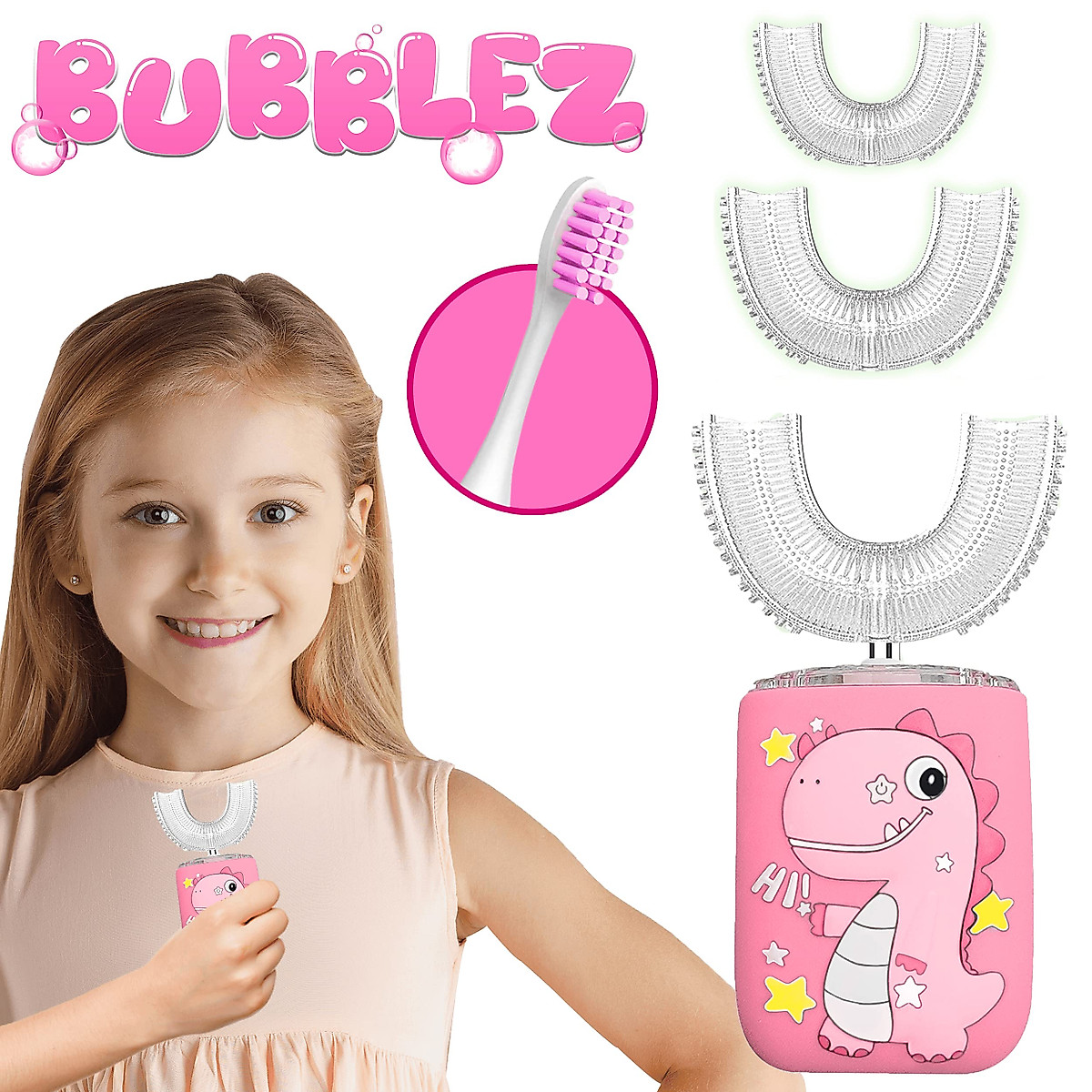 BubblezKidz – Kids Electric Toothbrush – U Shaped Dinosaur Cartoon – Ultra Sonic 6 brush Cleaning Modes w/ Smart Timer – Ages 2-18 Years Old – IPX7 Waterproof, Rechargeable, With Stickers