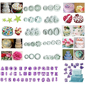 Flower Fondant Cutters,73Pcs Cake Cookie Cutter Plunger Sugarcraft Alphabet Letters Decorating Tools,Sunflower Rose Leaf Butterfly Heart Star Carnation Hollow Calyx Cutter Molds,Icing Modelling Kit