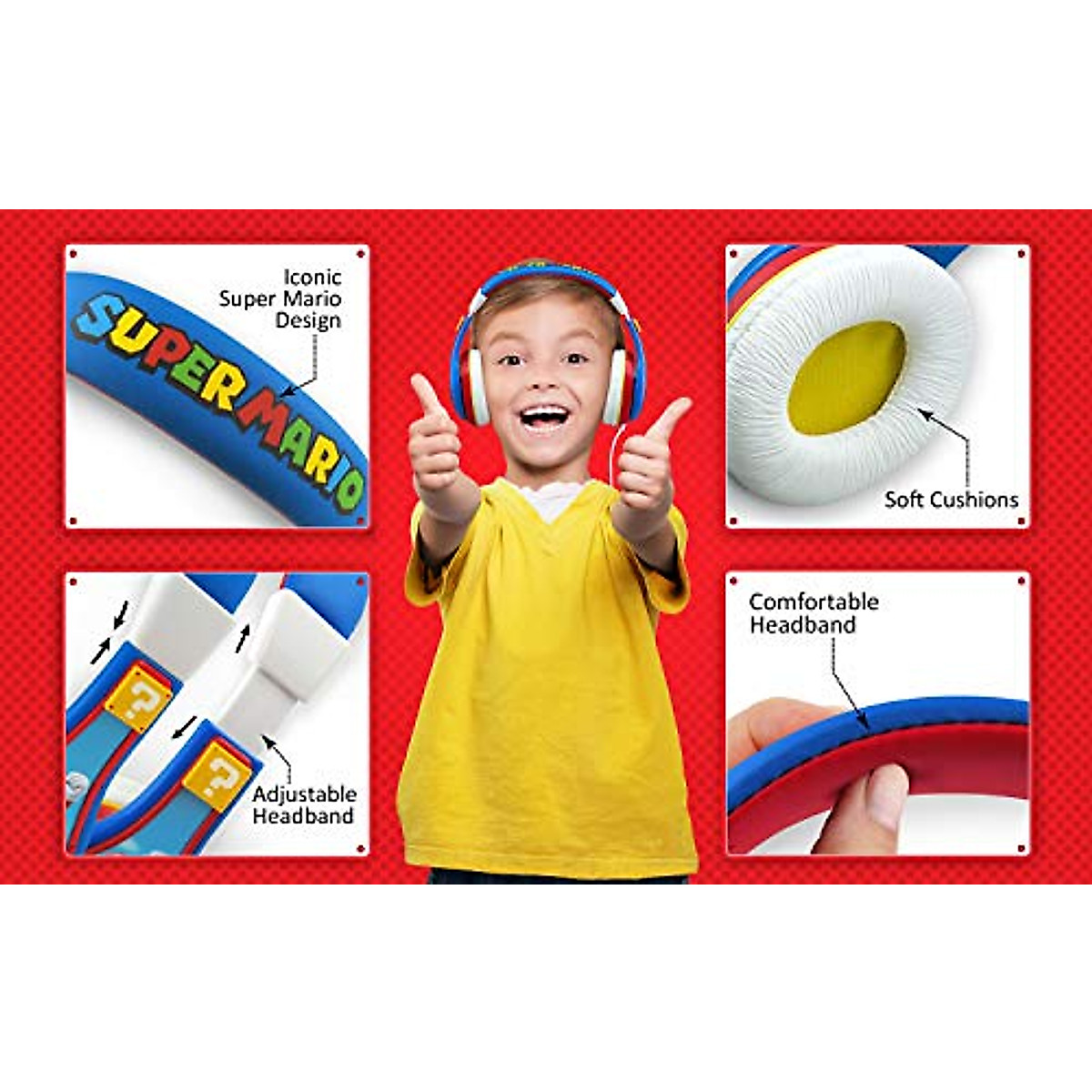 eKids Super Mario Kids Headphones, Adjustable Headband, Stereo Sound, 3.5Mm Jack, Wired Headphones for Kids, Tangle-Free, Volume Control, Childrens Headphones Over Ear for School Home, Travel