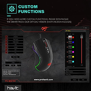 HAVIT Programmable Gaming Mouse 4000DPI 7 Buttons RGB Backlit Wired Optical for Laptop, PC & Computer, MS794 (Black)