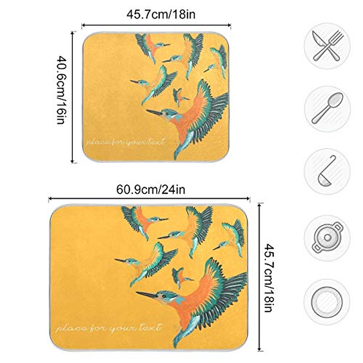 Animal Fly Bird Quote Dish Drying Mat 16"x18" Absorbent Machine Washable Hanging Fast Dry Pad Dish Protective Mat for Kitchen Countertop Heat Resistant Dinner Table Mat