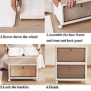 Shoe Storage Boxes-3 Layers Foldable Large Stackable Sneaker Organizer with Magnetic Door, 3 Drawers Rolling Cart Multi-function Bins with Leather Handle for Closet, Hallway, Living Room, Bedroom