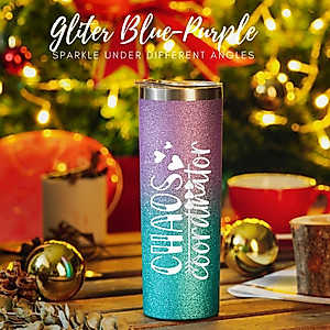 Onebttl Boss Lady Gifts for Women, Chaos Coordinator Tumbler for Boss, Secretary, Manager, Coworkers, Stainless Steel Skinny Tumbler 20oz with Lid and Straw, Glitter Blue & Purple