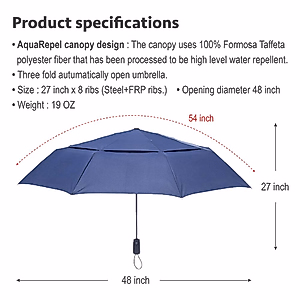 Large Umbrella Windproof 54 Inch Folds Into Portable Travel Size - Big Enough To Comfortably Fit In 2 Adults - Auto Open Close and Patented Vortex System For Superior Safety And Durability (Black)